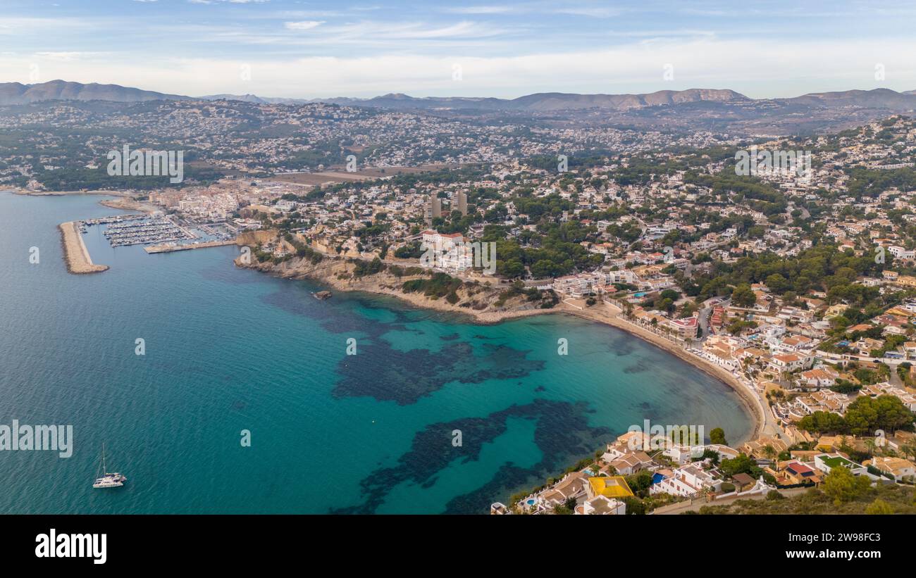 Aerial drone photo of the coastal town named Moraira. Moraira is ...