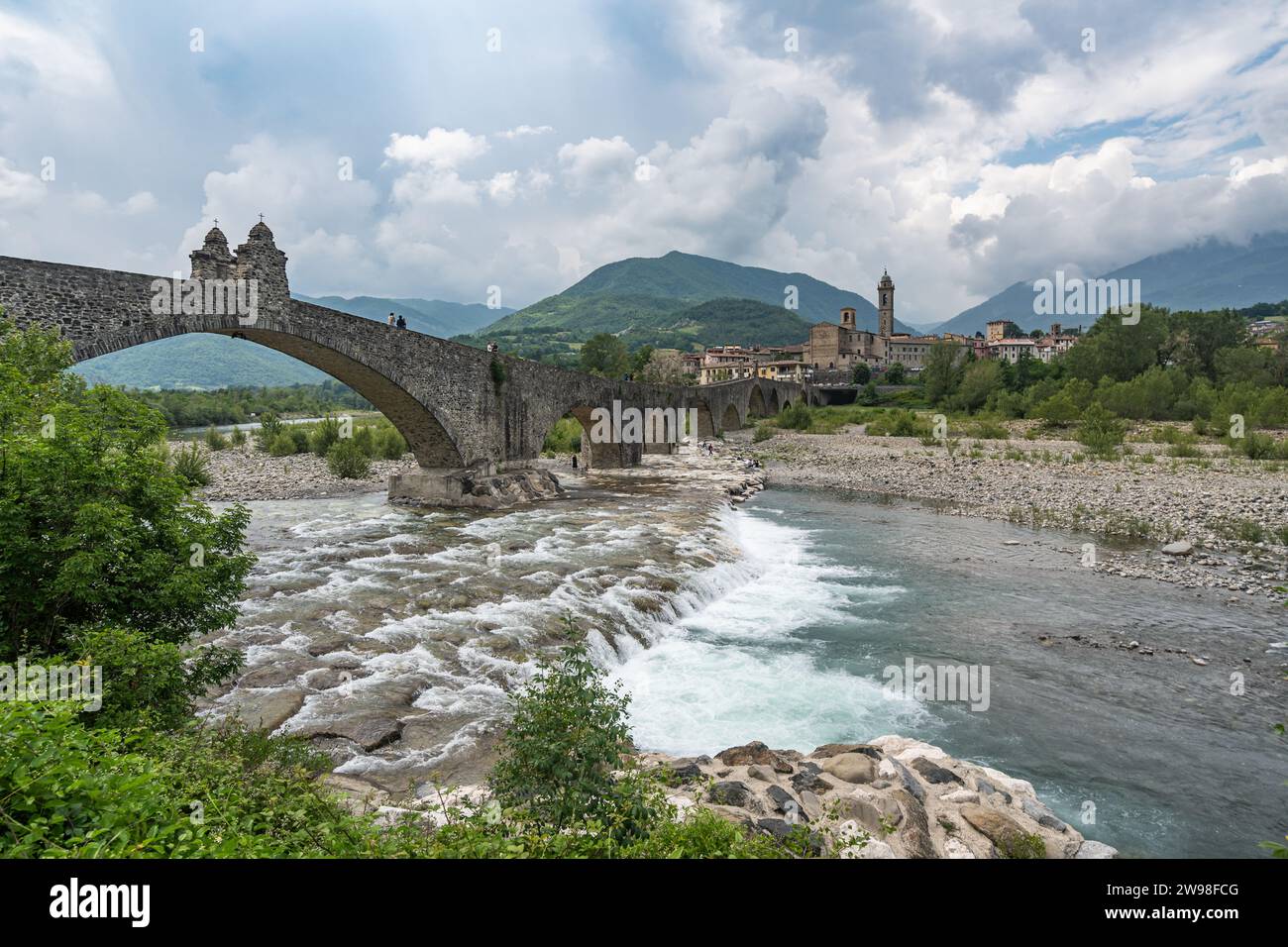 A view of Bobbio and its famous landmark, the Old Bride, Emilia-Romagna ...