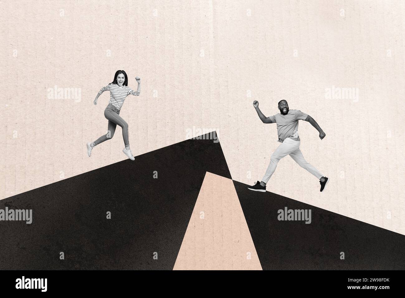 Creative collage picture image two running persons young girl man ...