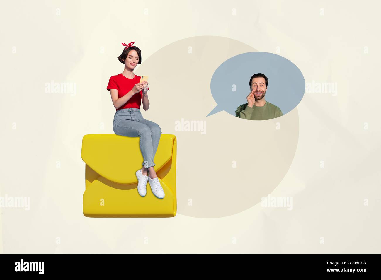 Creative image photo collage sitting young smiling girl communication ...