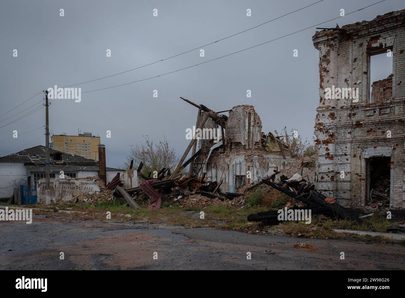 Kupiansk, Ukraine. 8th Oct, 2023. Destroyed buildings of the Kupiansk ...