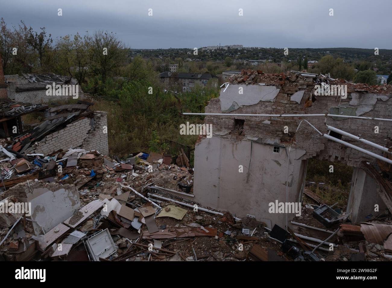 Kupiansk, Ukraine. 8th Oct, 2023. Destroyed buildings of the Kupiansk ...