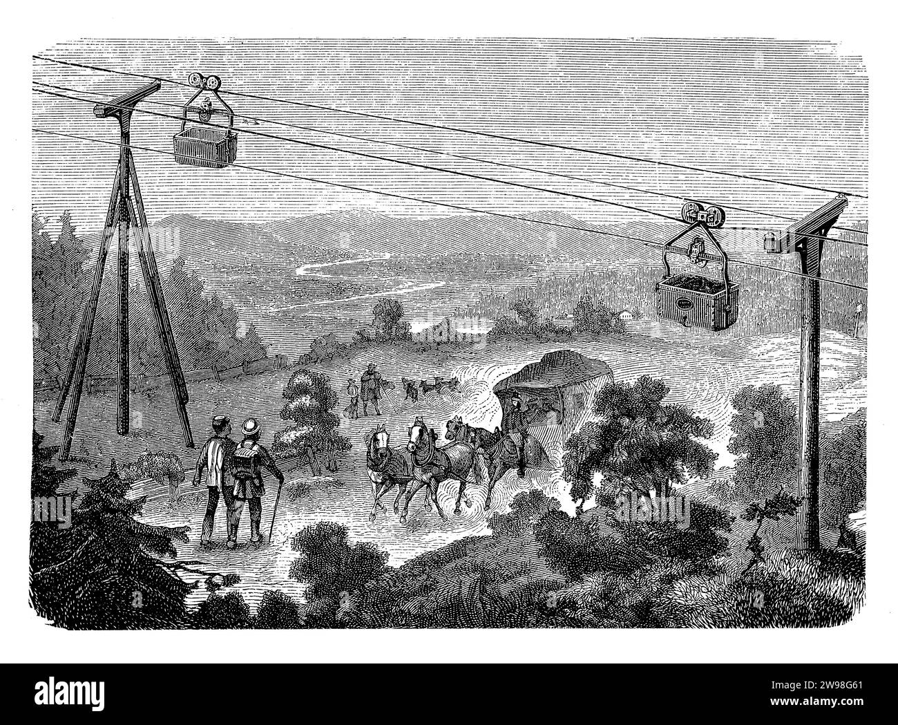 One of the first wire ropeway or aerial lift for industrial transport ...
