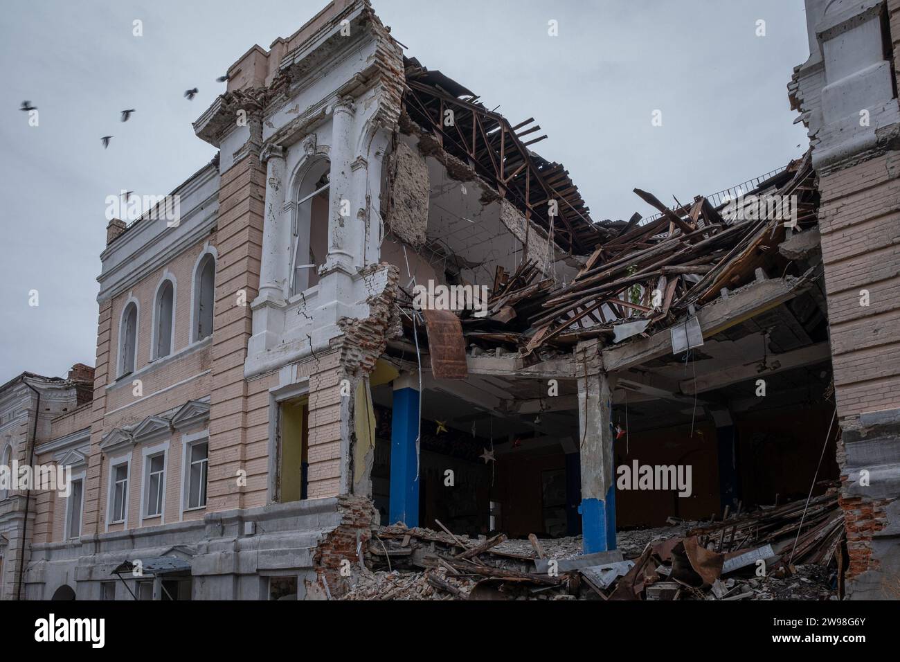 Kupiansk, Ukraine. 8th Oct, 2023. Destroyed city cultural centre. On ...