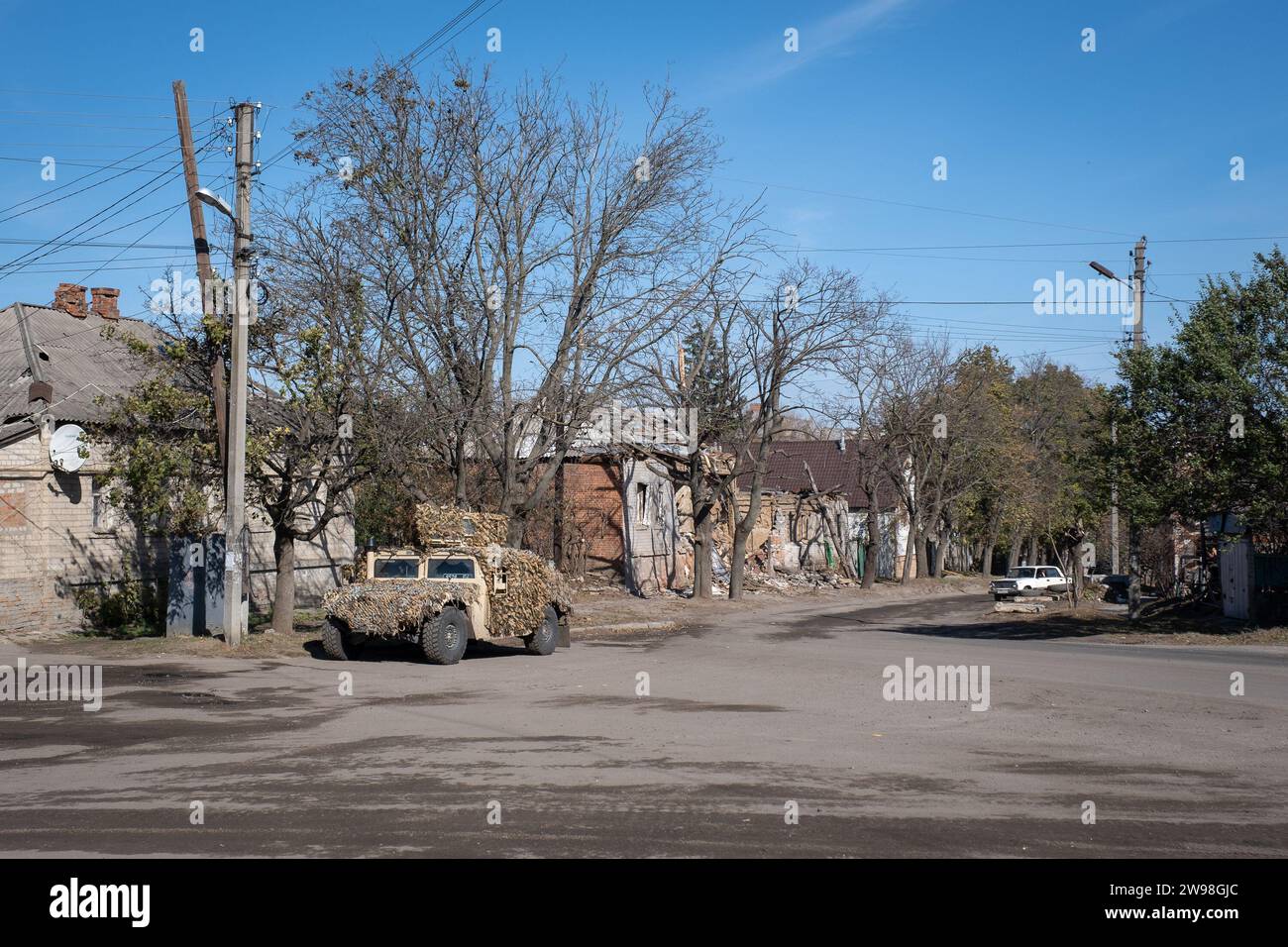 Kupiansk, Ukraine. 12th Oct, 2023. Military car on Kharkivska street ...