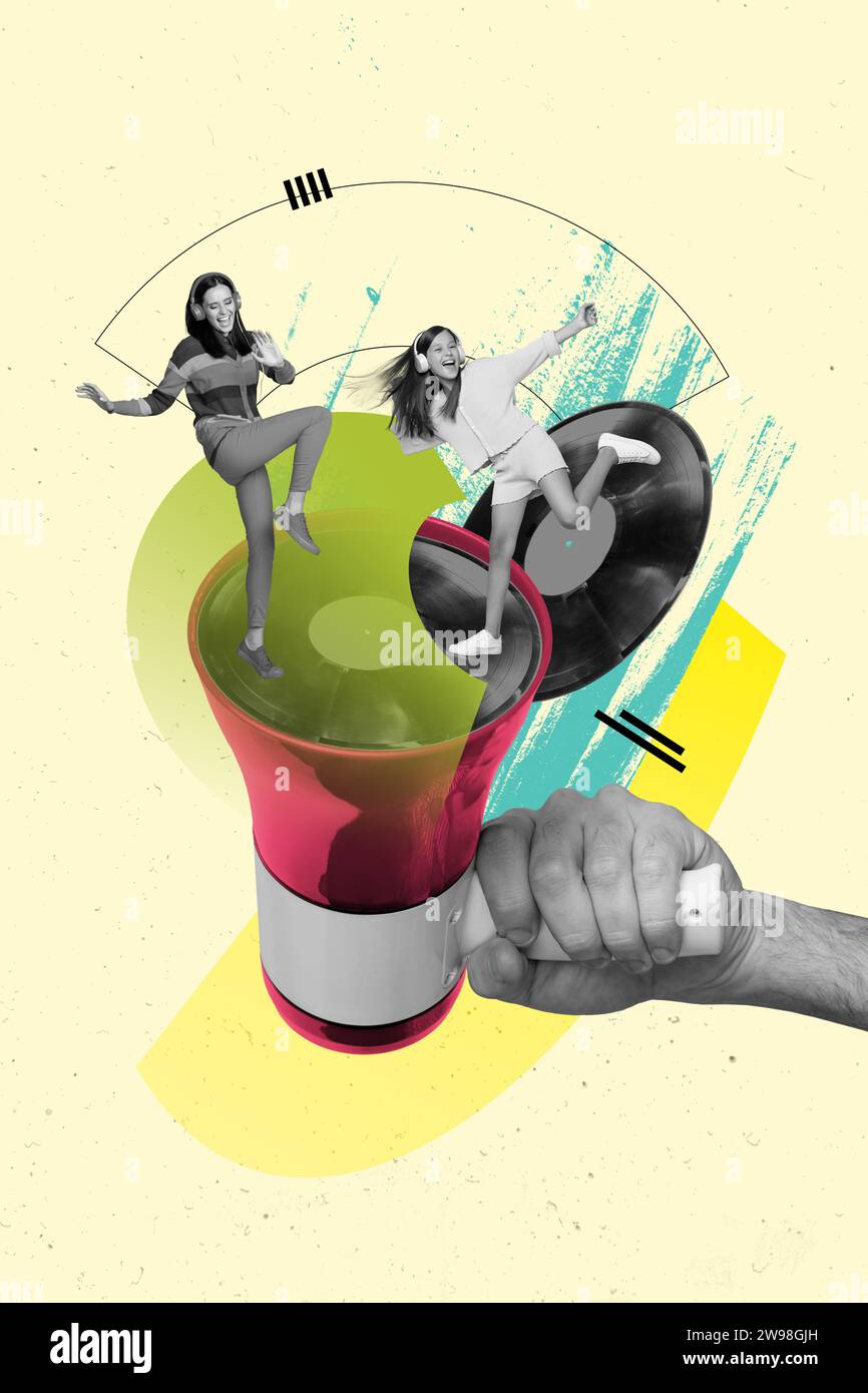 Vertical creative collage image of funny girls vinyl record dancing ...