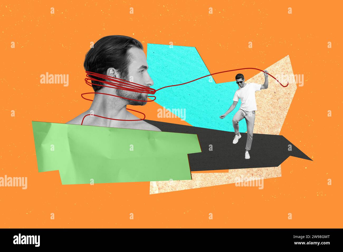 Creative drawing collage picture of man head shout mouth string rope ...