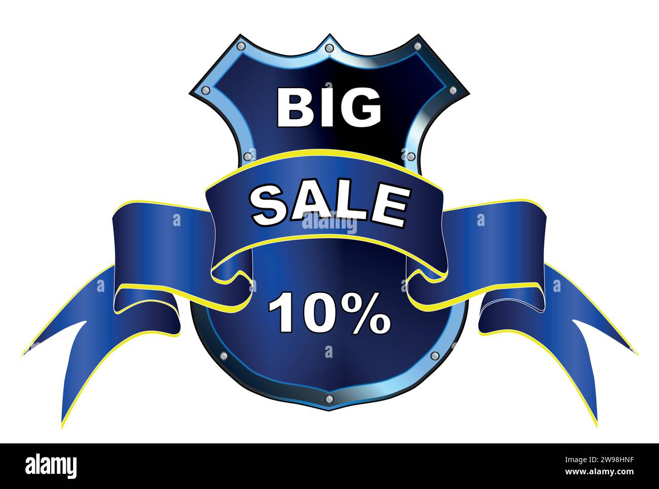 A blue big 10 sale metal shield over a white background with message ...