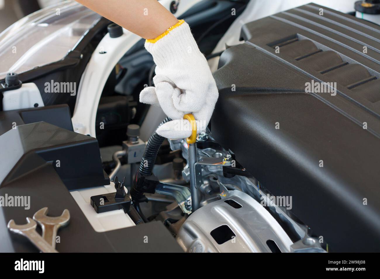 check the oil level in car engine Stock Photo - Alamy