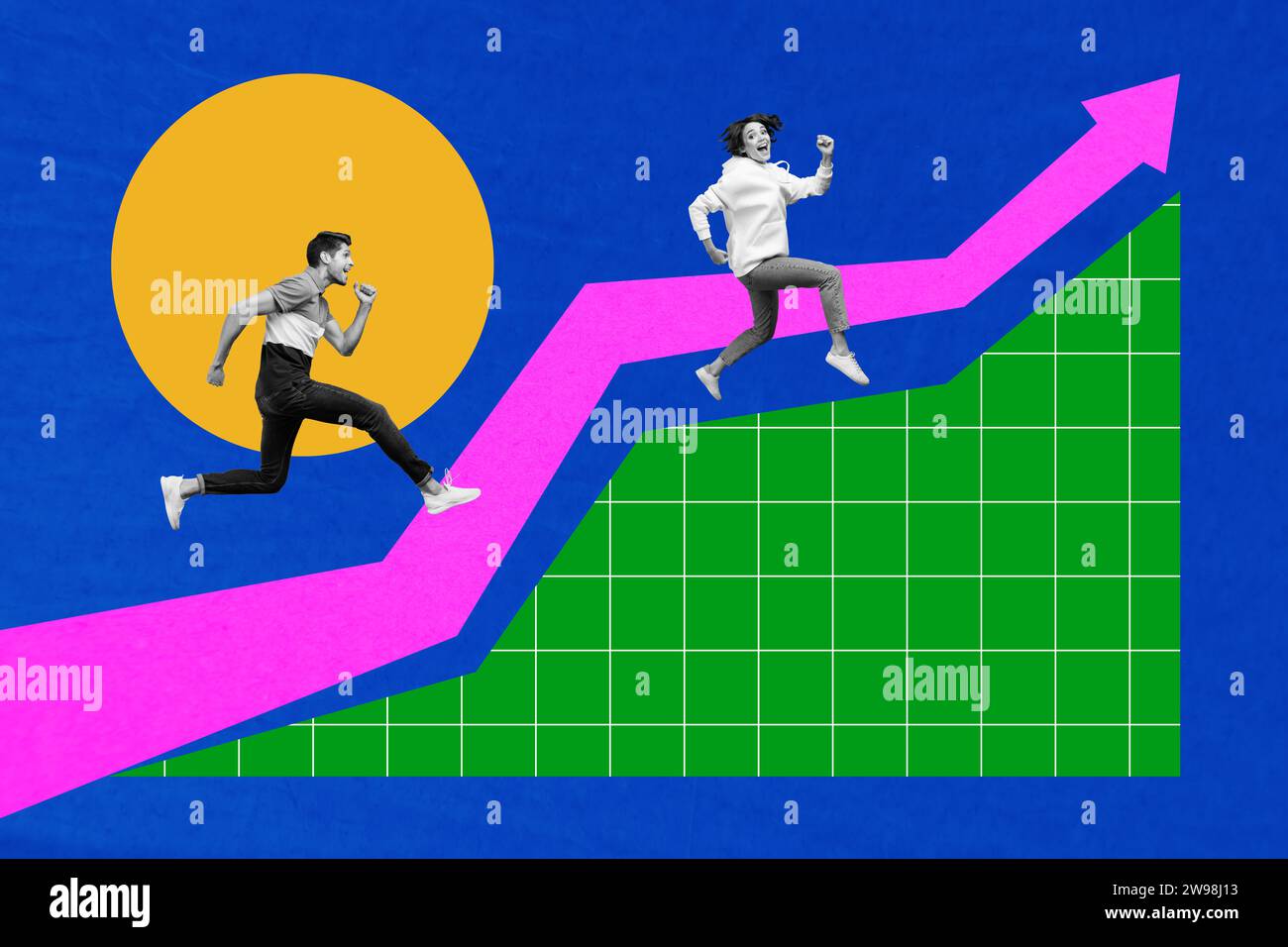 Horizontal creative photo collage of two excited runners climbing up ...