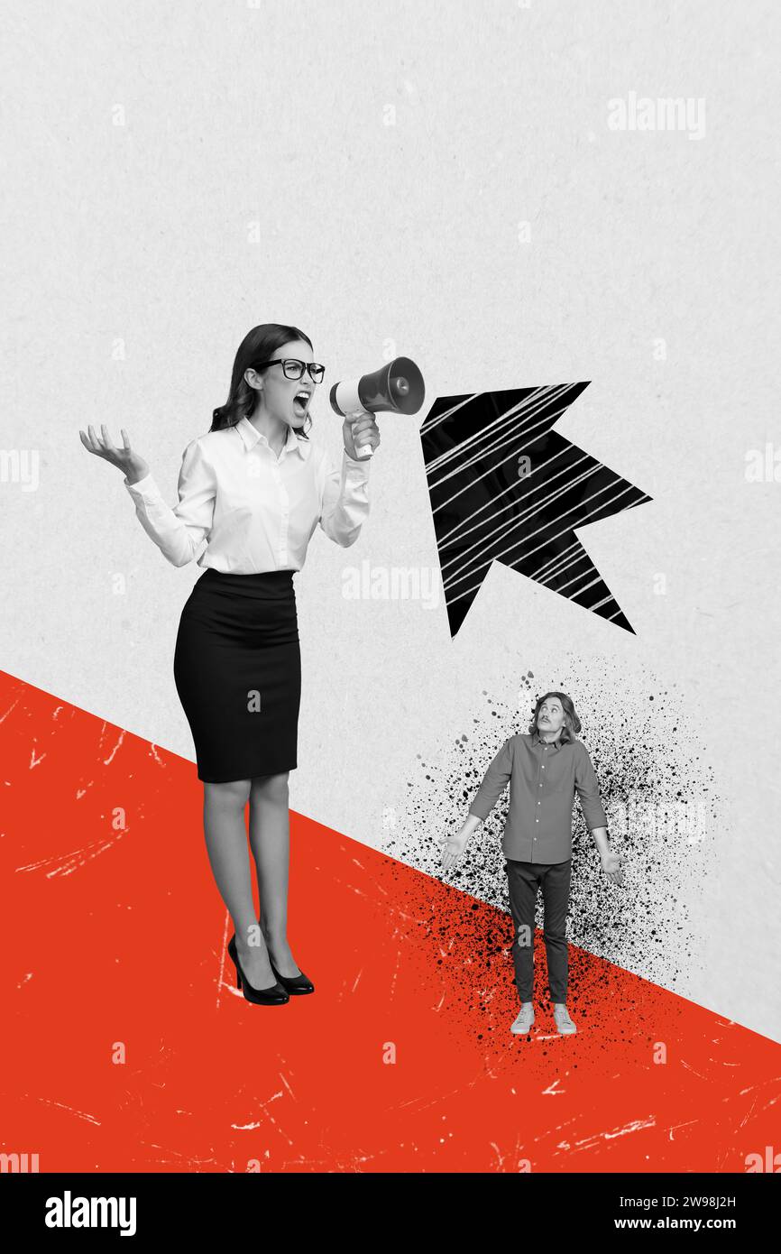 Vertical magazine photo collage of mad aggressive bossy businesswoman ...