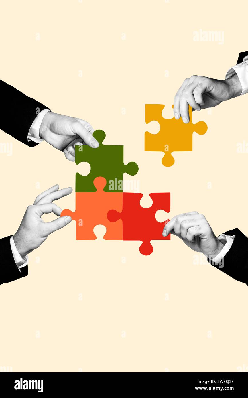 Vertical photo collage creative of four people coworkers have aim ...