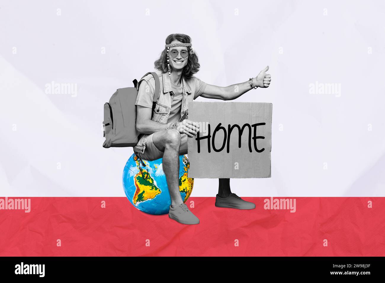 Horizontal composite photo collage of young hippie homeless tourist ...