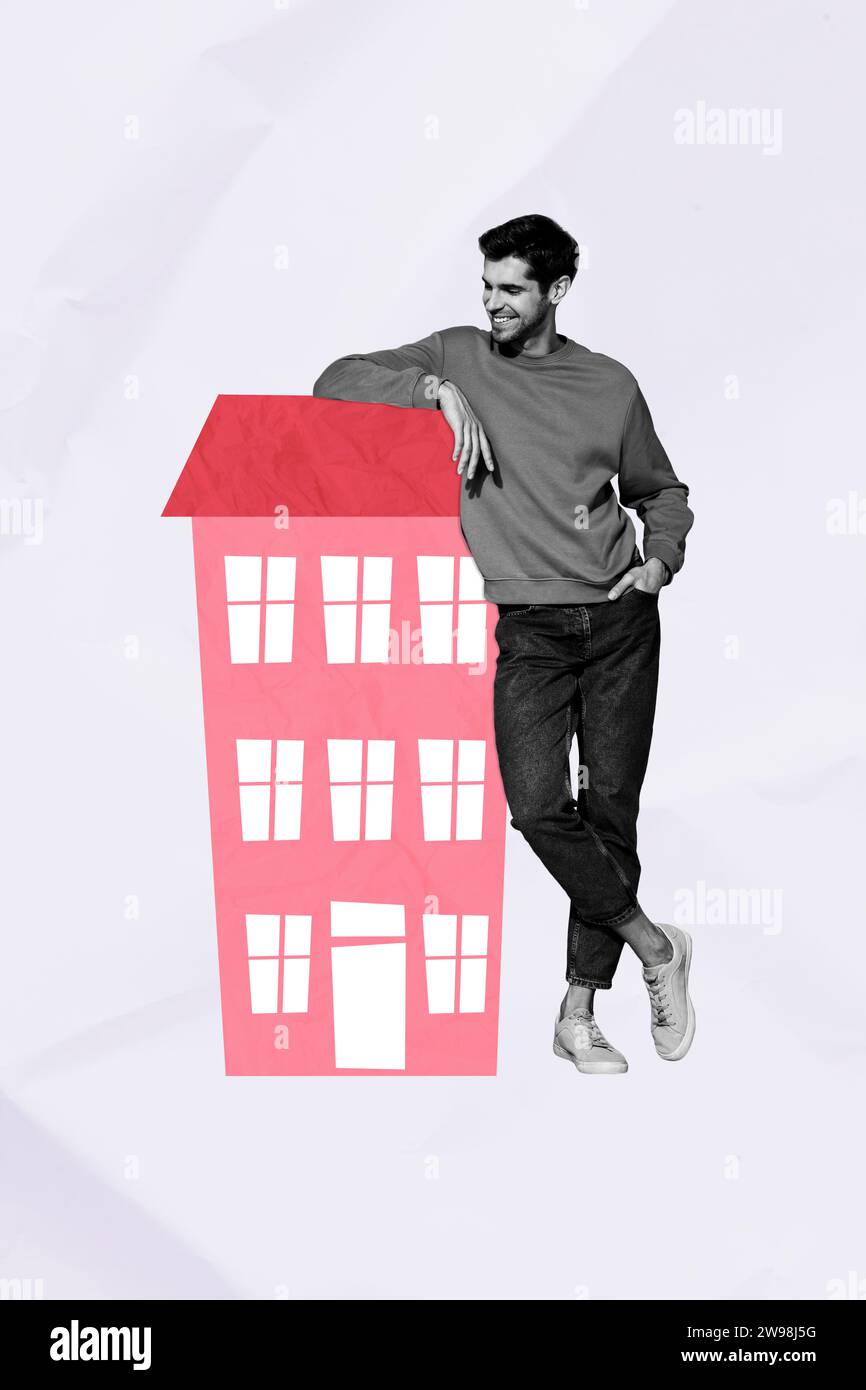 Vertical creative collage standing young happy successful man property ...