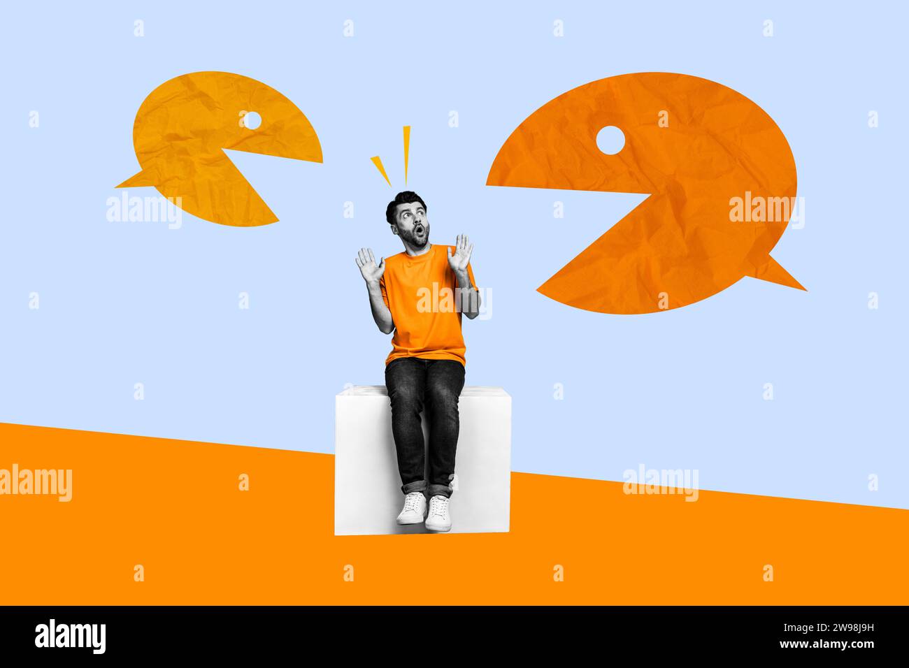 Creative collage poster sitting frustrated young guy online abuse ...