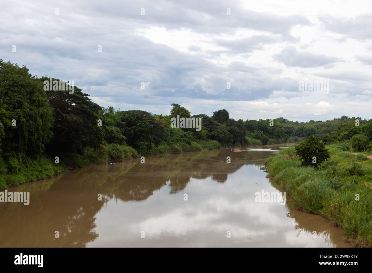 Muddy river flowing through green fields and bushes in North Thailand Stock Photo - Alamy