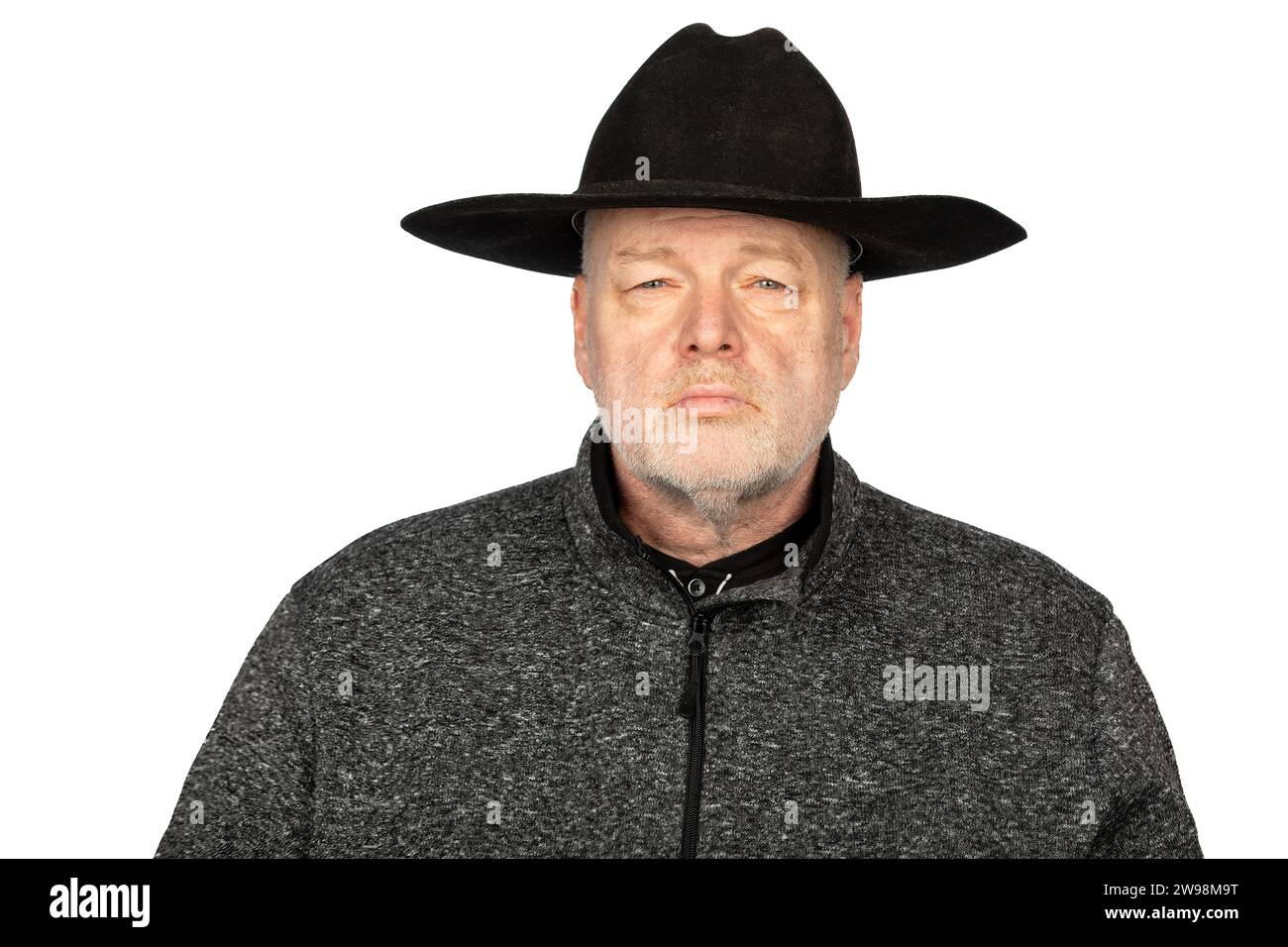 Confident Middle-Aged Caucasian Man in Black Cowboy Hat - Front View Portrait on White ...