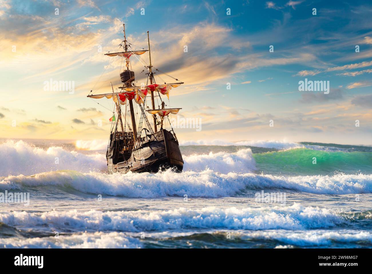 Grand view of an old sailing ship from the times of pirates on the high ...