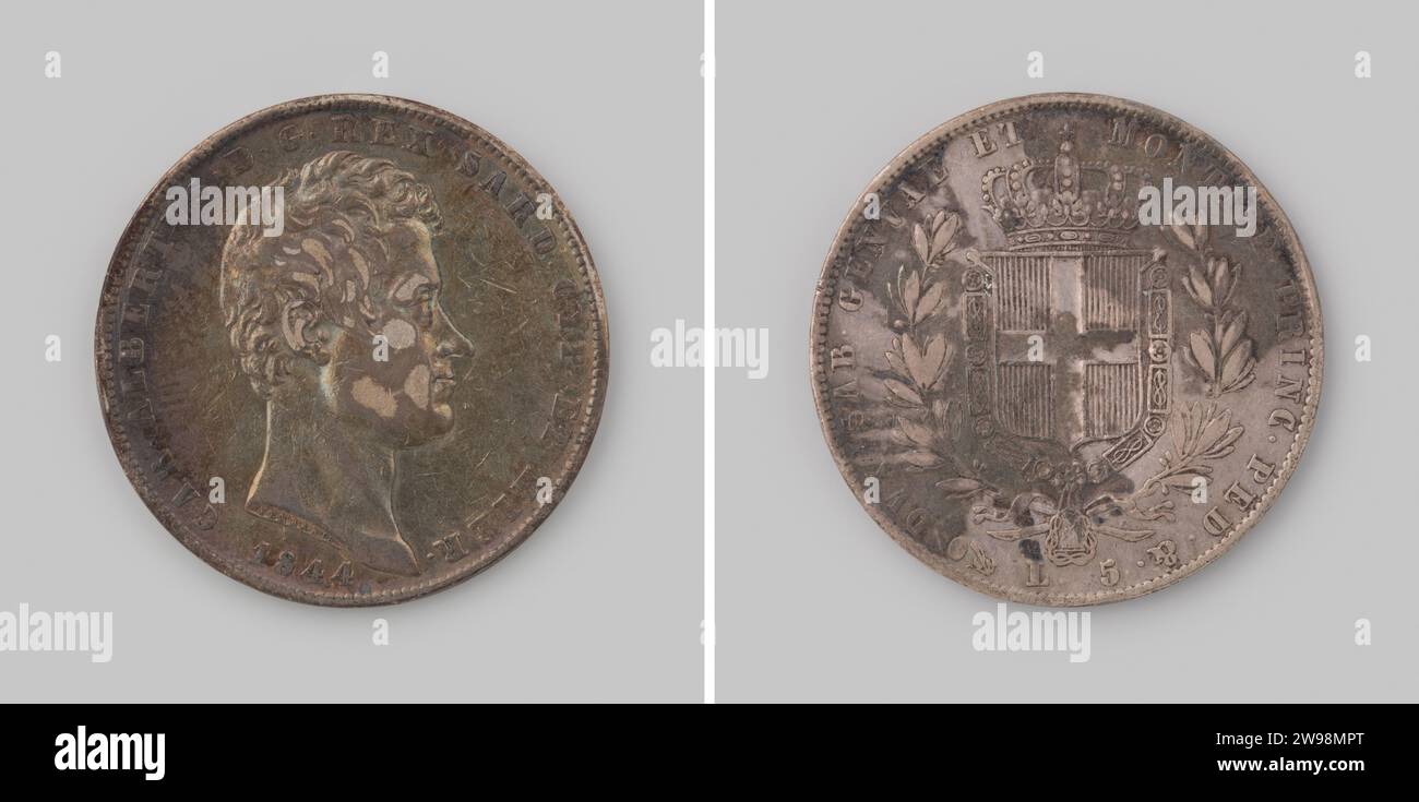 5 Lire from Sardinia of King Carlo Alberto, 1844 ,, 1844 coin Silver ...