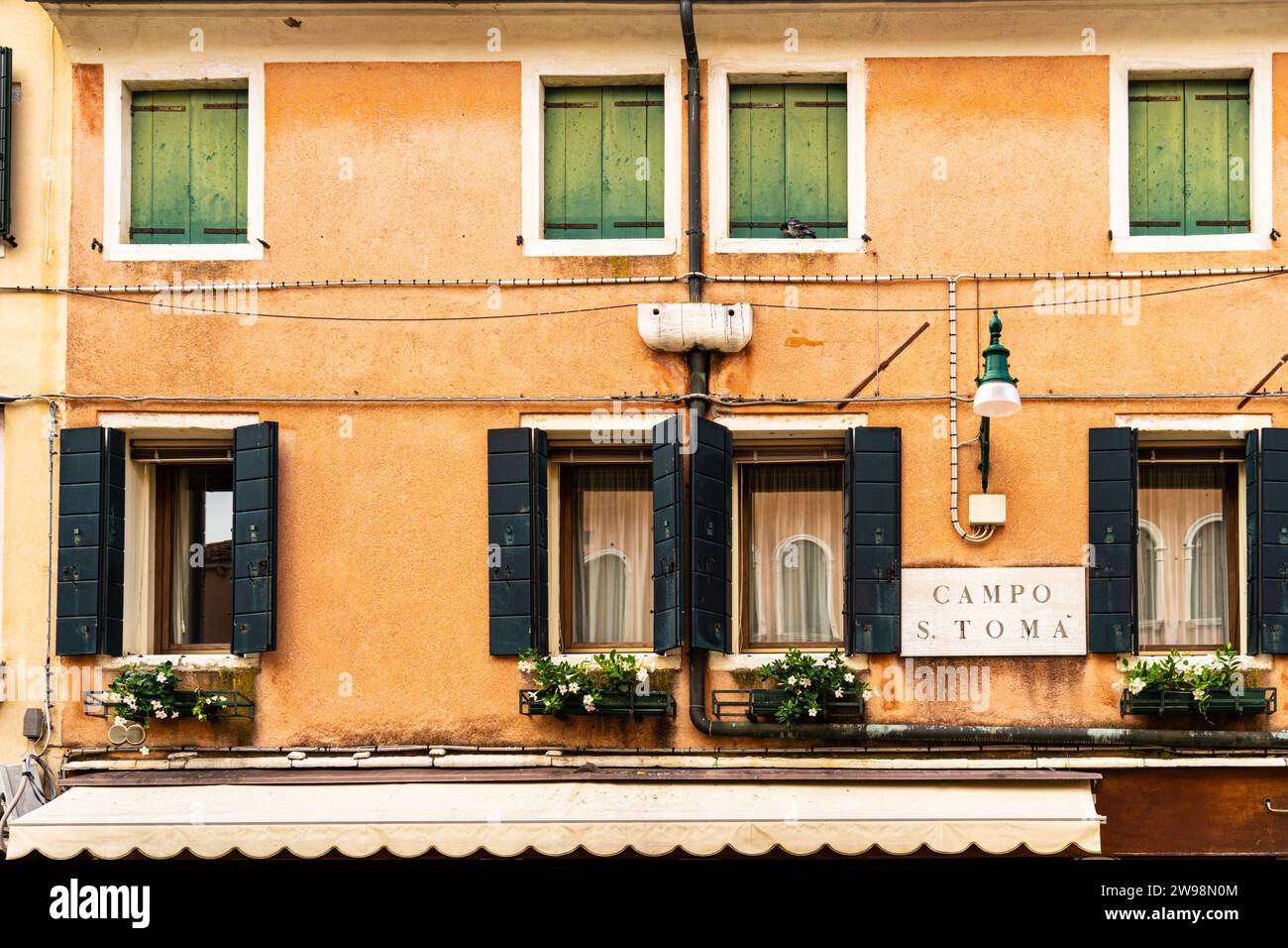 Facades of residential building with green window shutters, plants ...
