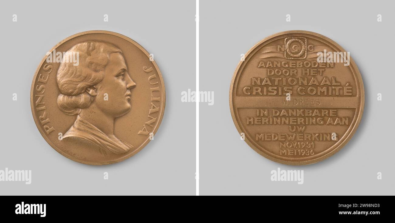 National Crisis Committee, Johannes Cornelis Wienecke, 1936 Brass medal ...