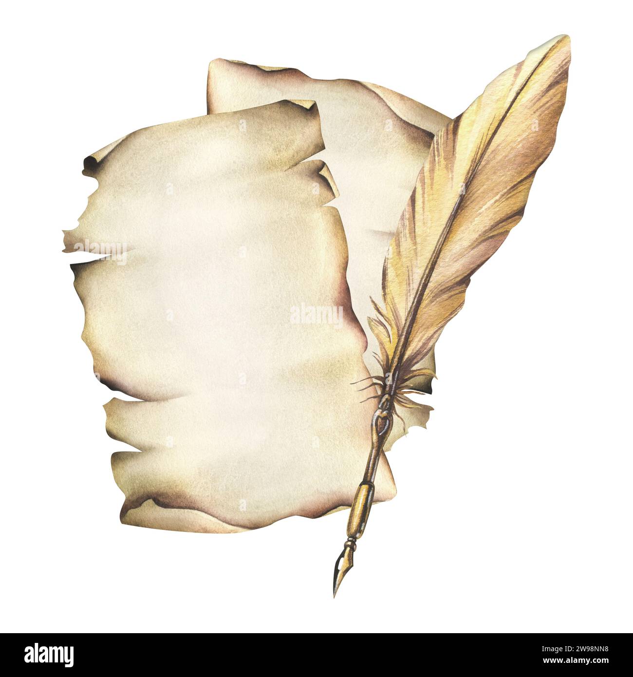 Sheets of old papyrus paper with jagged edges, golden writing pen. Hand ...