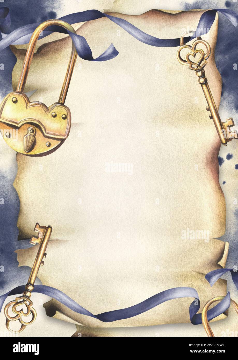 Golden locks with keys, ribbons, stains and splashes. Hand drawn ...