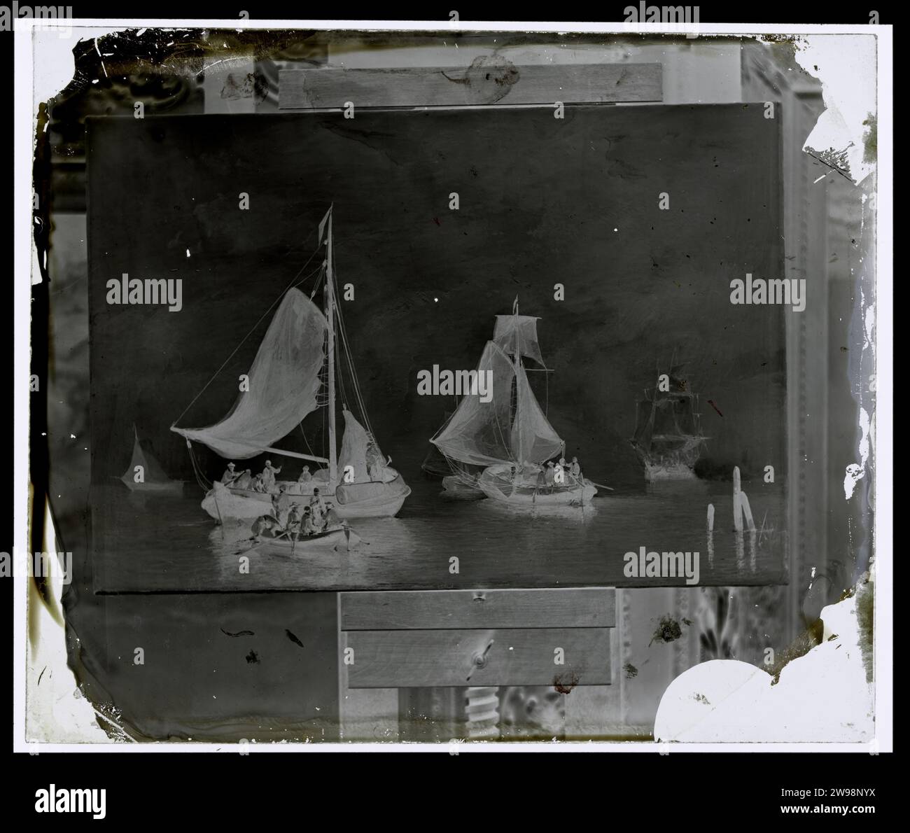 Photo production of a painting of sailing ships, Laurens Lodewijk ...