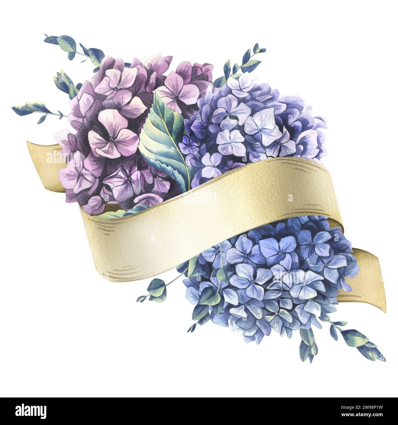 Paper ribbon scroll with blue, pink, purple hydrangea eucalyptus ...