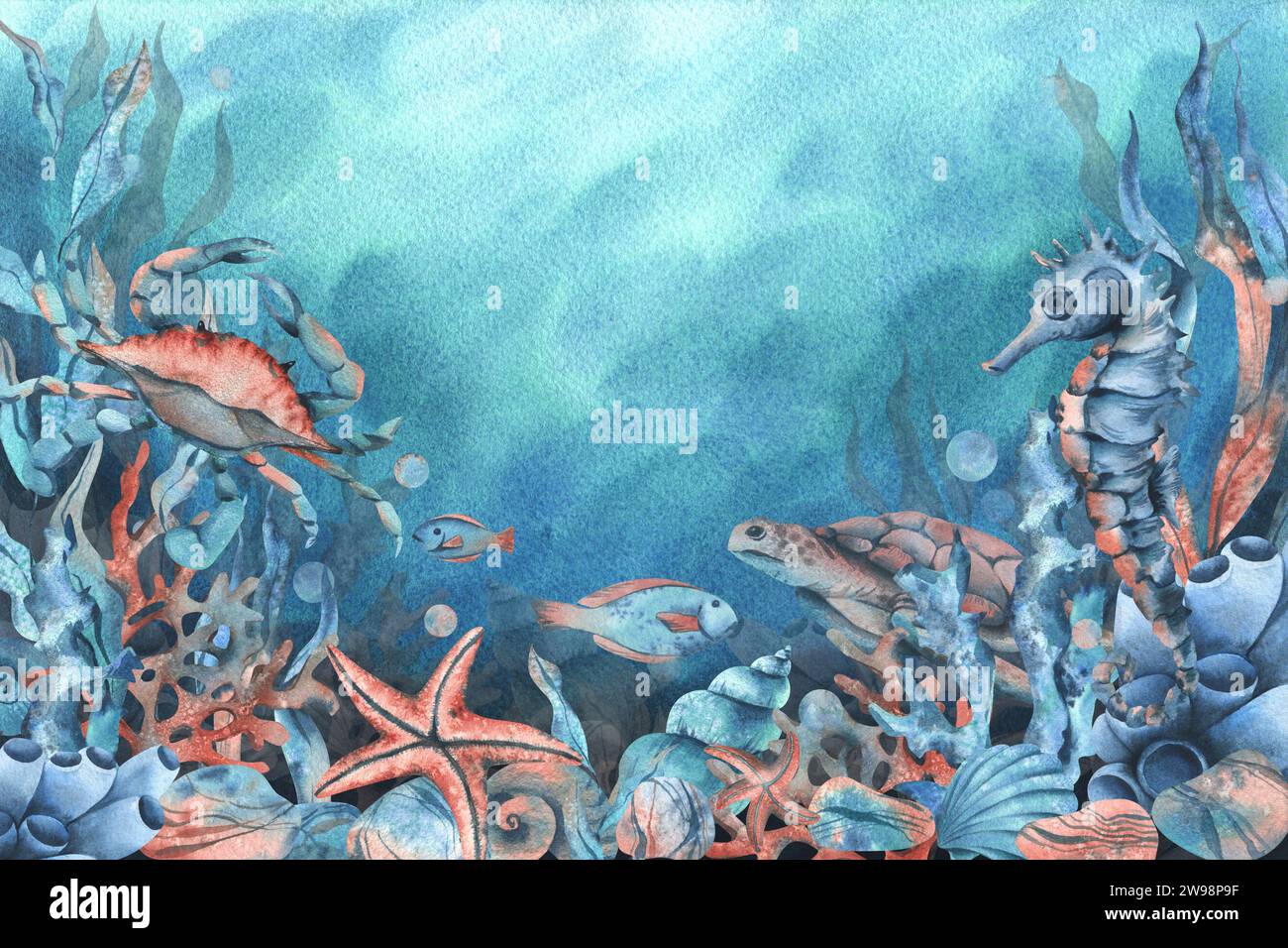 Underwater world clipart with sea animals whale, turtle, octopus ...