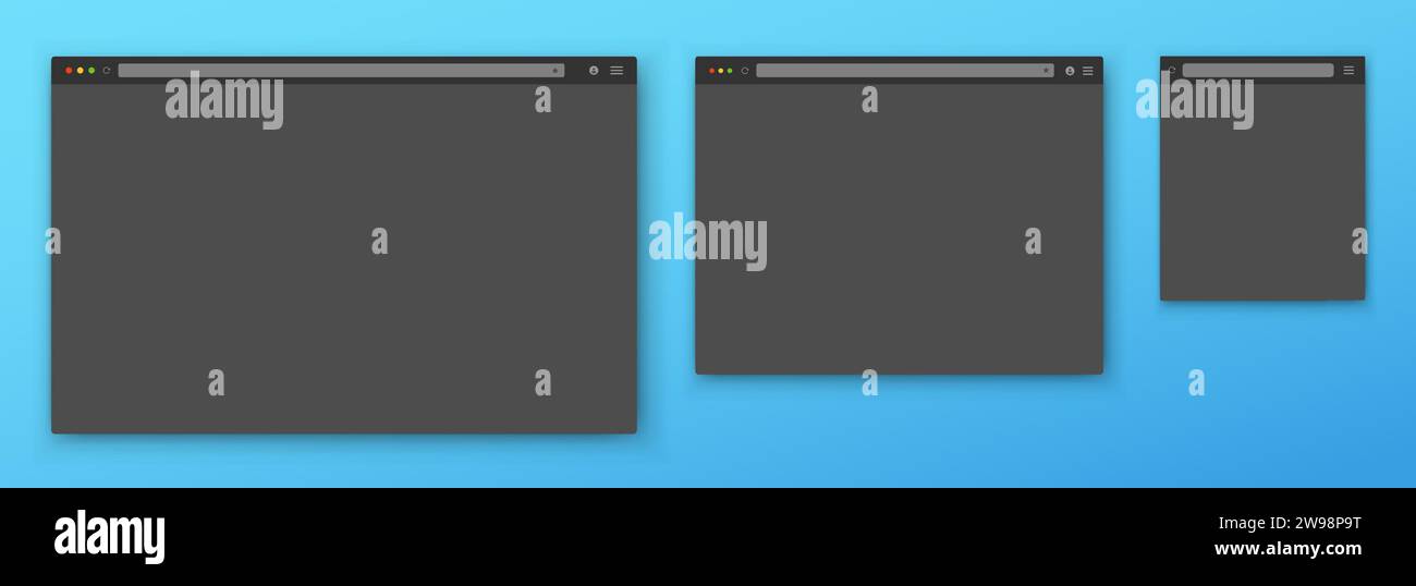 A set of realistic empty gray browser windows of different shapes with a toolbar, a search bar ...