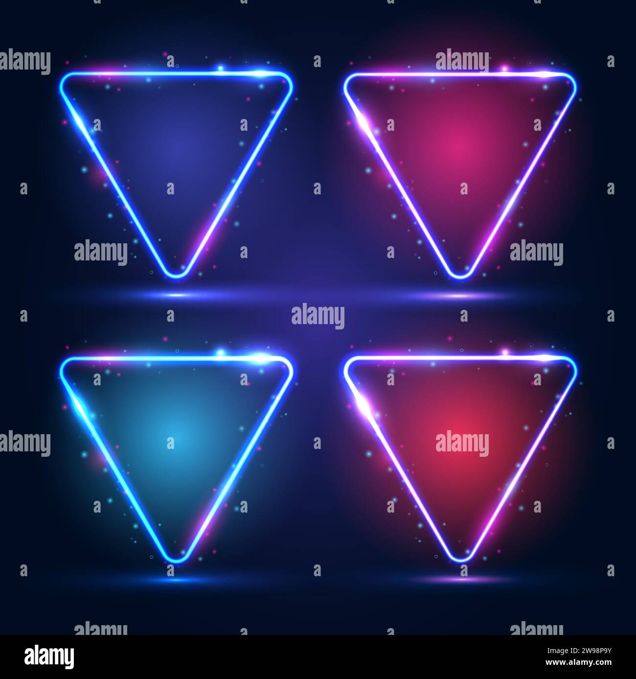 Triangular neon frames with shining effects, highlights and inscriptions on a dark background ...