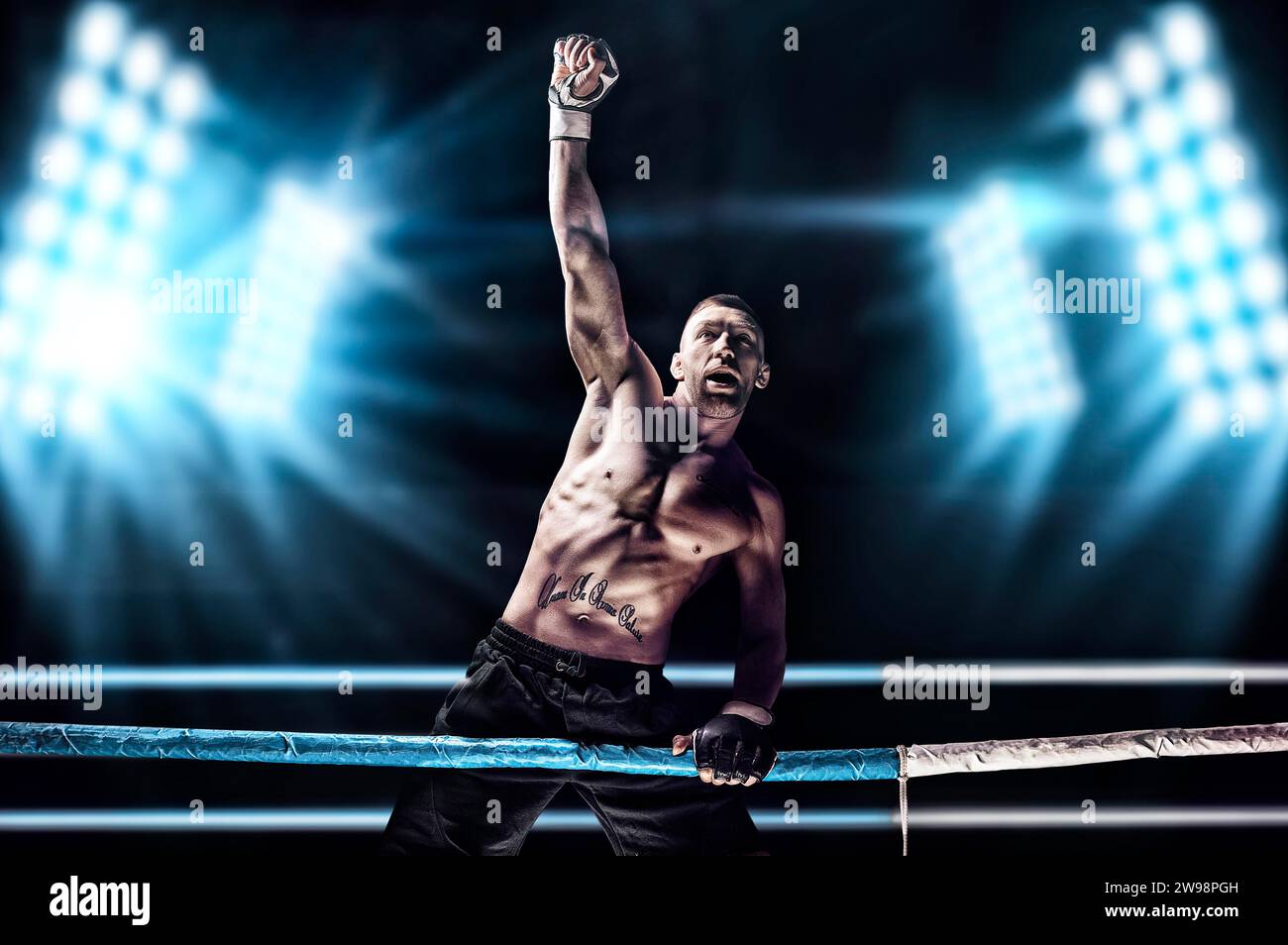 Kickboxer posing in the ring. The athlete climbed the ropes and took a ...