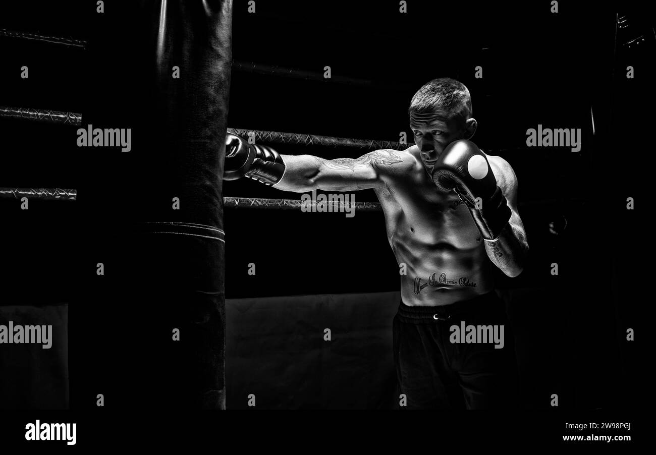 Professional boxer hits the bag against the background of the ring ...