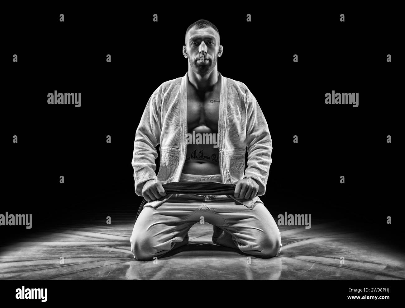 Professional athlete sits in the gym. Concept of karate, jiu-jitsu ...