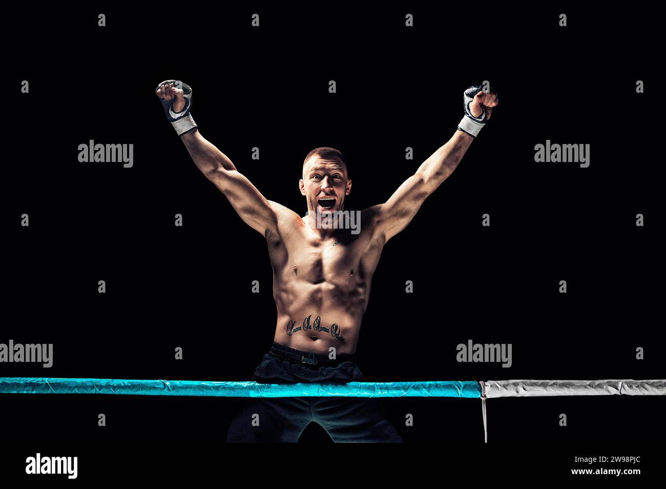 Kickboxer posing in the ring. The athlete climbed the ropes and took a ...