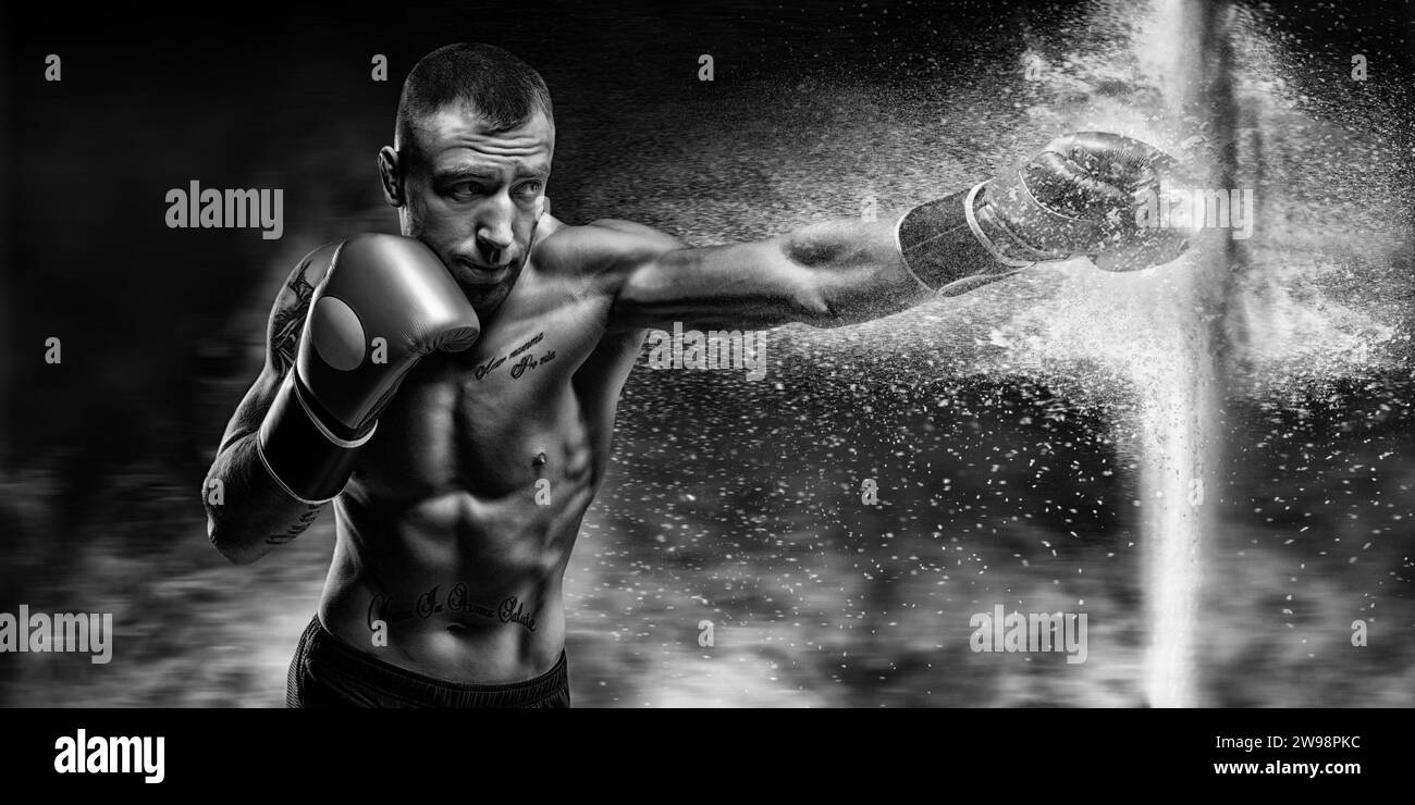 The boxer hits the wall. Boxing concept. Mixed media Stock Photo - Alamy