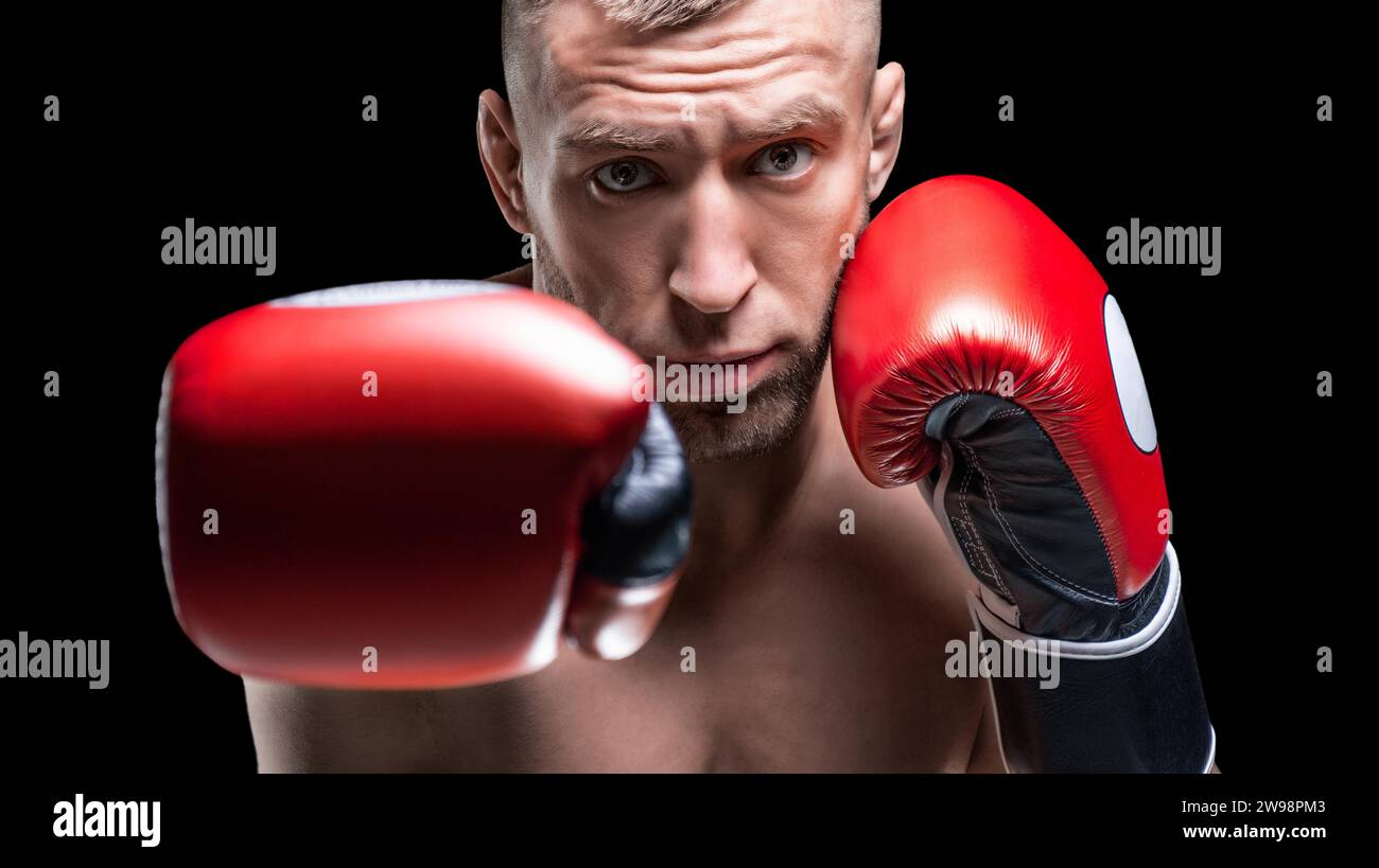 Portrait of a professional boxer. Outstretched fist in a red glove in ...