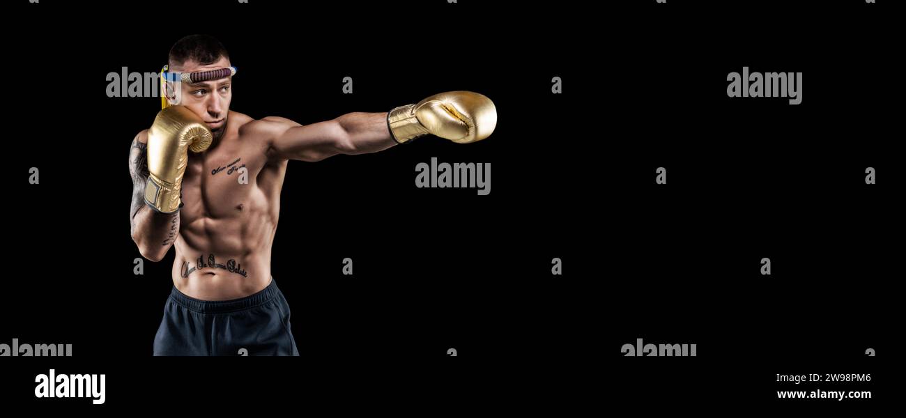 Professional boxer in gold gloves practicing punches. Boxing concept ...
