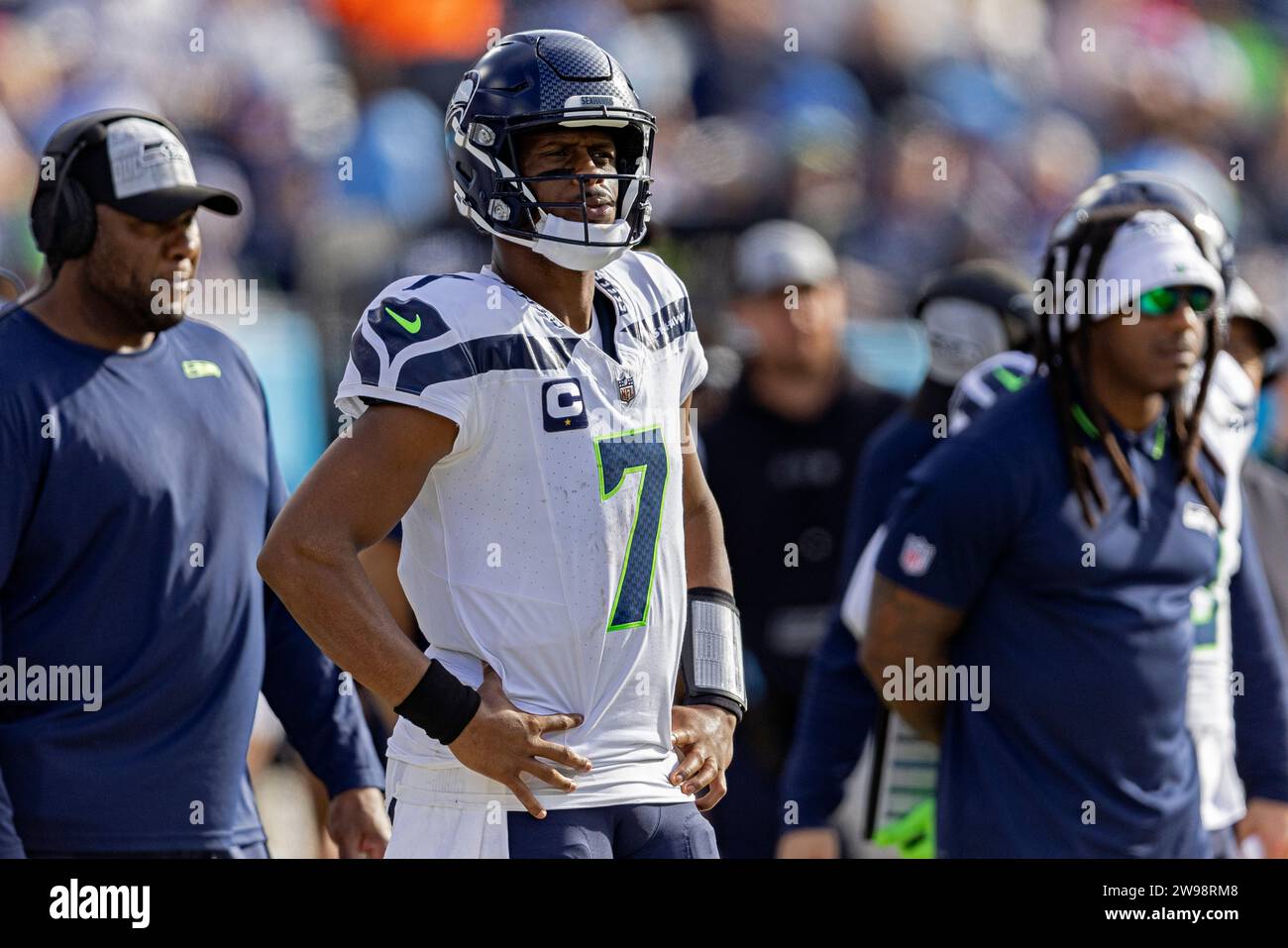 Seattle Seahawks quarterback Geno Smith (7) watches a play on the ...