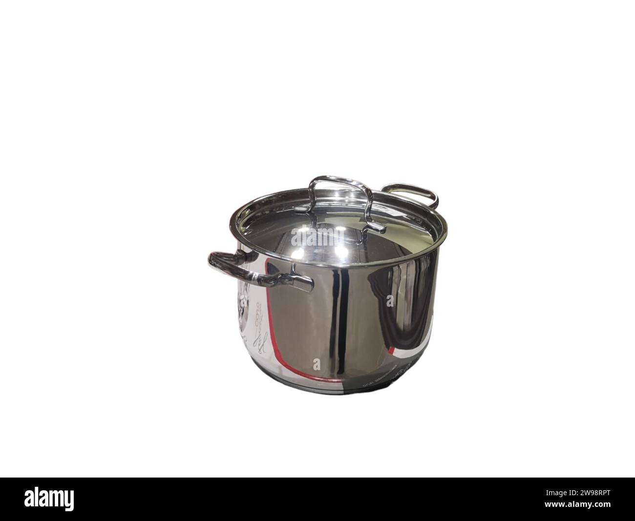 A close-up shot of a small, round pot with a handle and an open lid ...