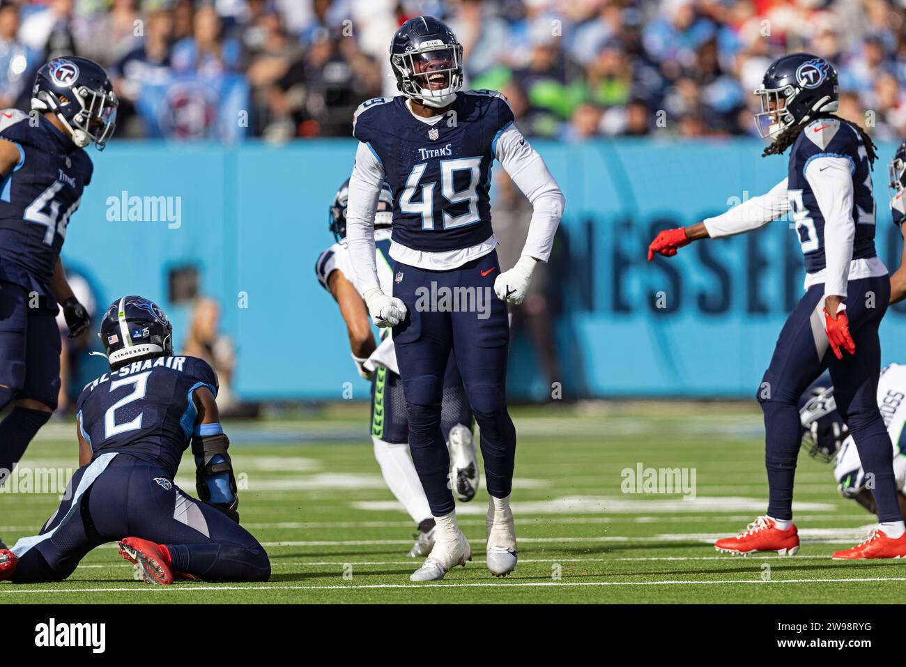 Tennessee Titans linebacker Arden Key (49) reacts to making a tackle ...