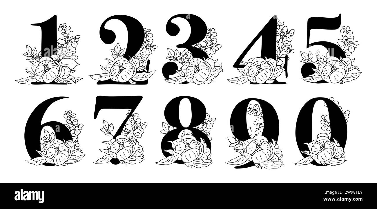Aesthetic floral numbers vector line art set Stock Vector Image & Art ...