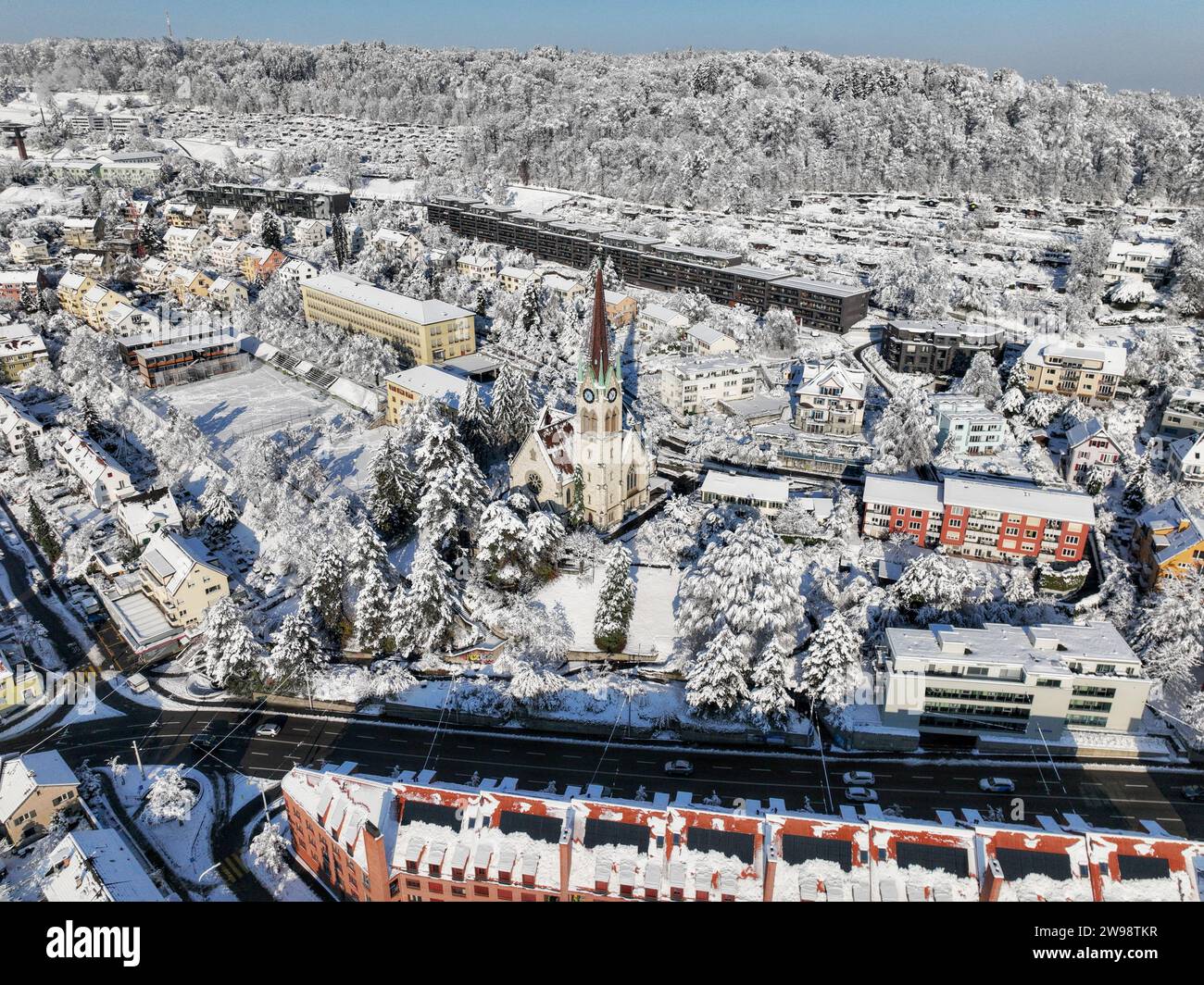 The city of Zurich the morning after heavy snowfall in early December ...