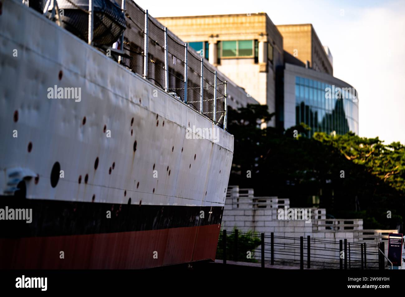 A close-up of a ship from the Korean War, with several bullet holes ...