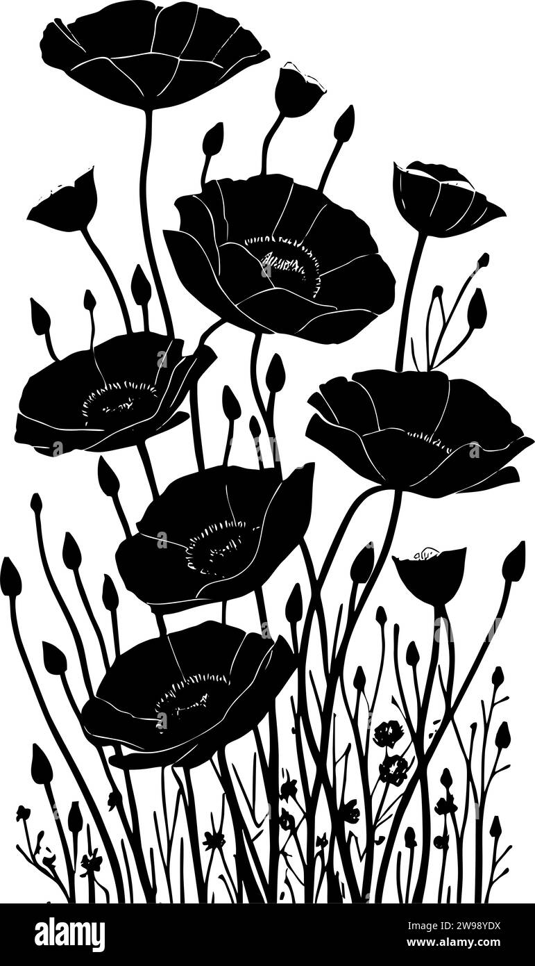 simple black outline drawing silhouette of poppy flower, design Stock ...