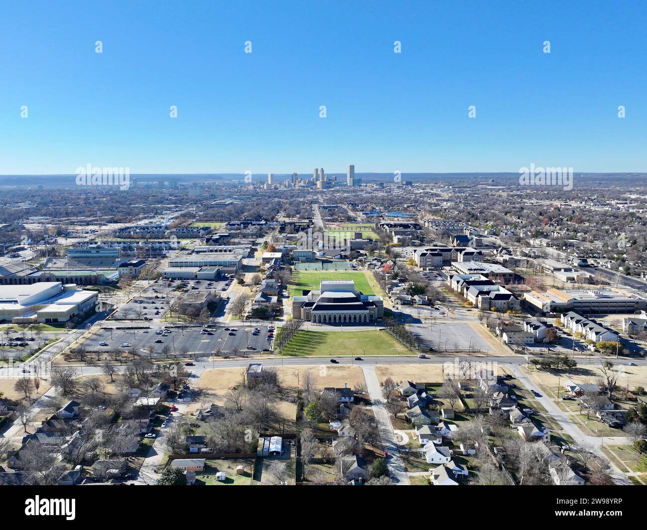 Aerial view of the University of Tulsa with the Tulsa Skyline in the ...