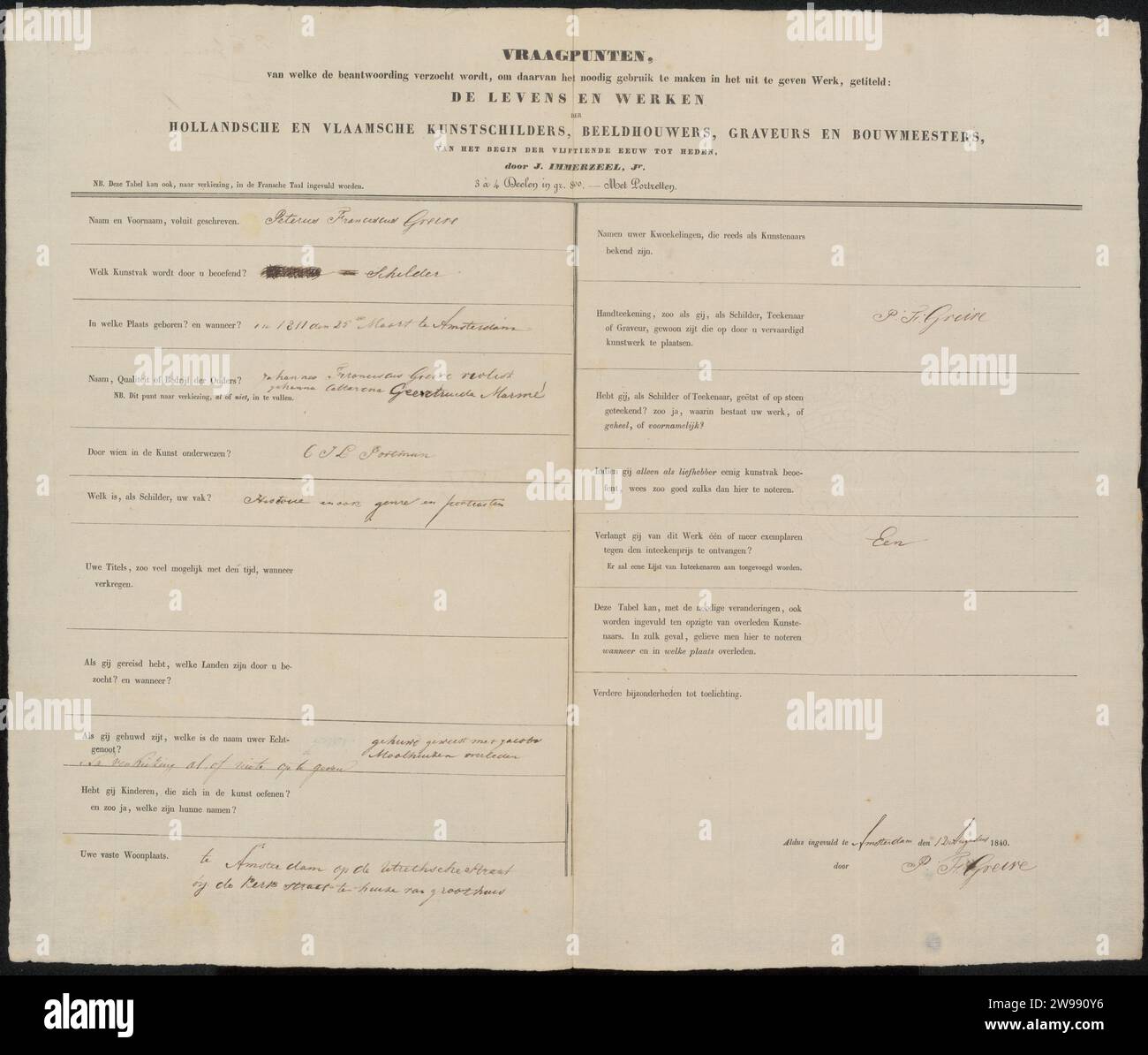 Survey form completed by Petrus Franciscus Greive, Johannes Immerzeel ...