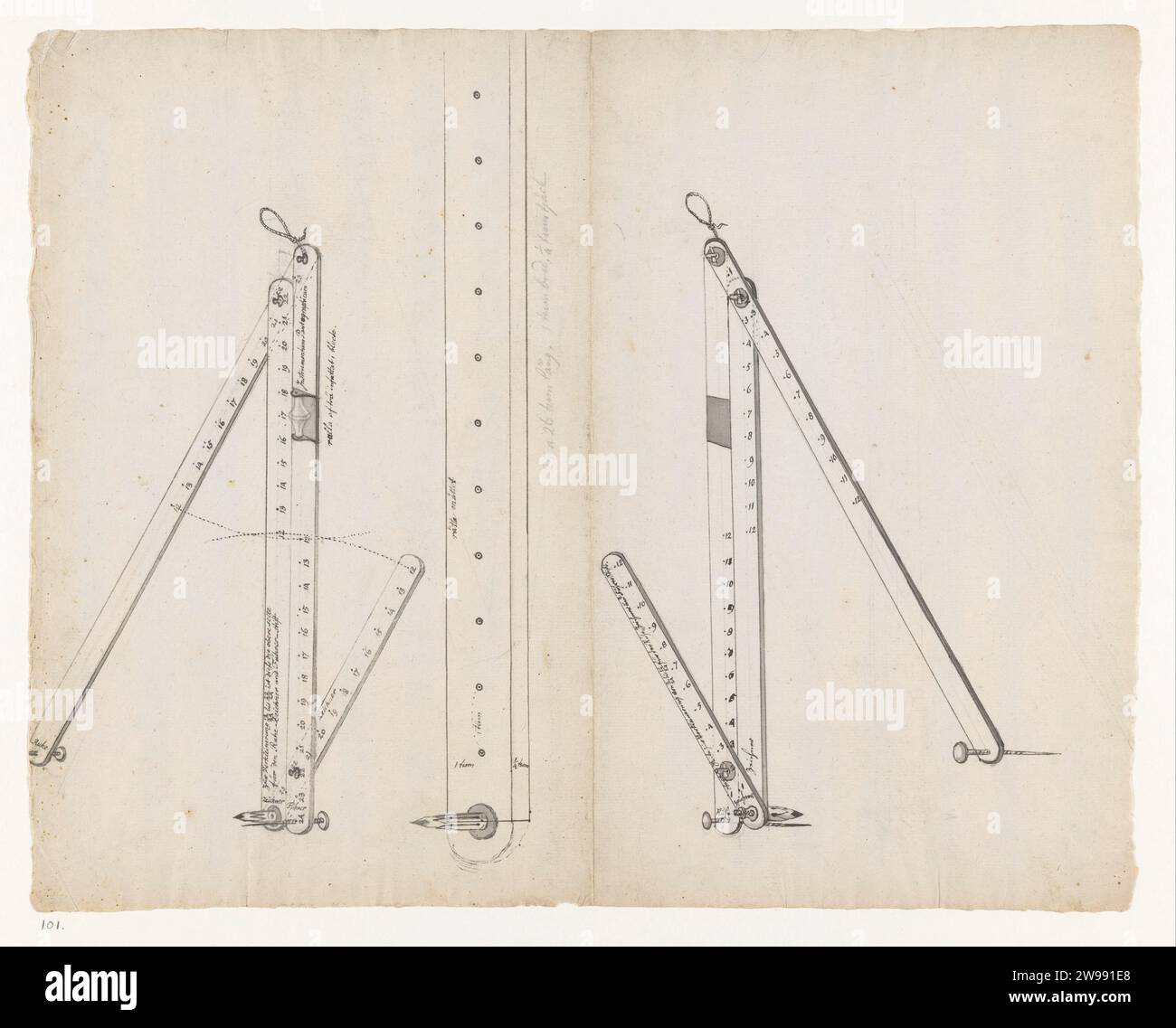 Pantograaf, Jan Brandes, 1787 - 1808 drawing Three studies of a ...