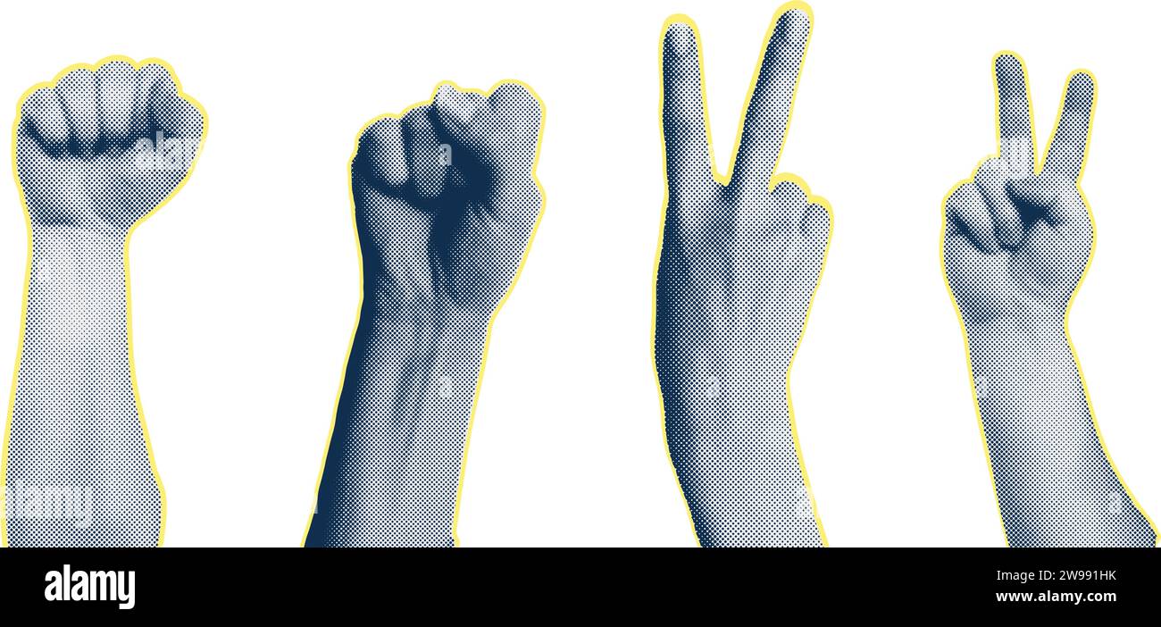 Trendy collage halftone elements with hand gestures, cutout shapes ...